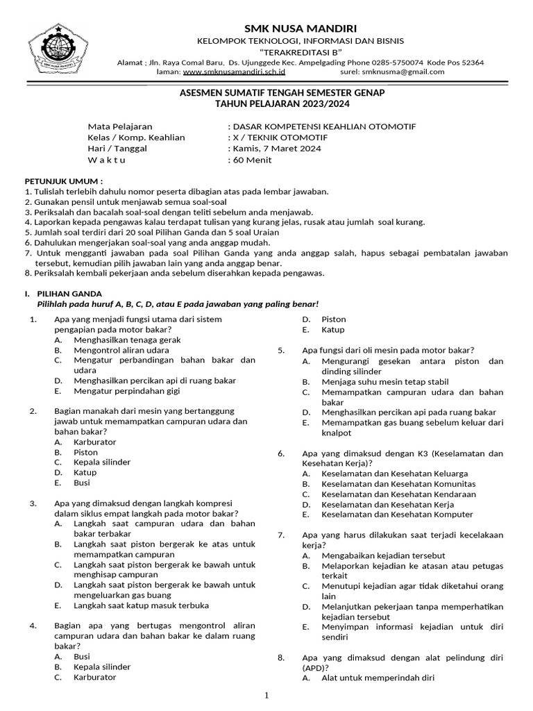 Soal DKK Asts Kelas 10 TBSM & TKR Ujian Tengan Semester 2024 2025 | PDF
