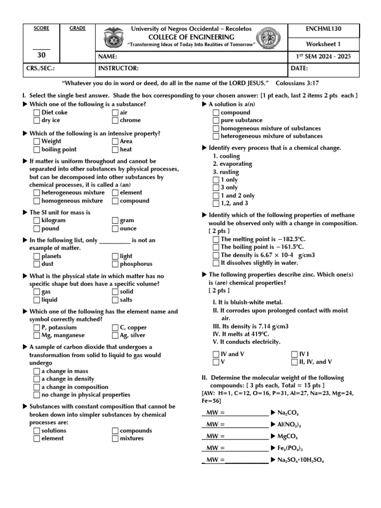 1.a. ENCHML130_WORKSHEET 1_Chemistry for Engineers - 1 Basic Concepts | PDF