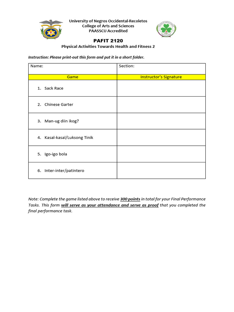 PAFIT 2120 Larong Pinoy Form 2024 | PDF