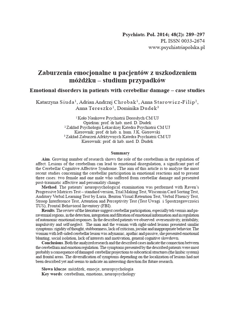 Chrobak Et-Al Zaburzenia Emocjonalne U Pacjentow Z Uszkodzeniem Mozdzku 2014 | PDF