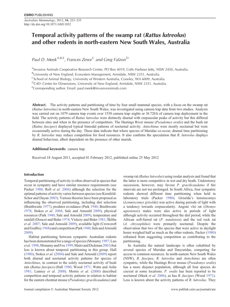 Meek Et Al. - 2012 - Temporal Activity Patterns of The Swamp Rat | PDF