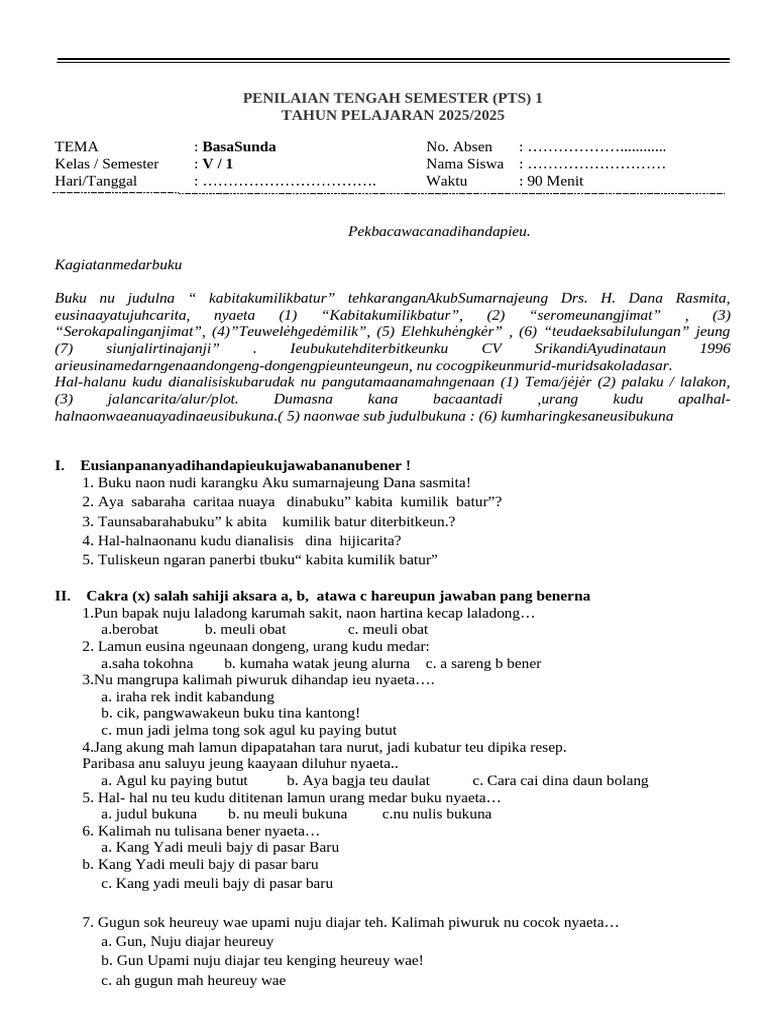 Soal PTS Bahasa Sunda Kelas 5 Sem 1 | PDF