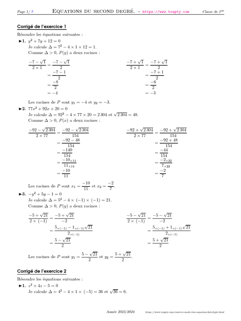 Exercice Equation 2nd Degre 1ere 10 Corrige | PDF