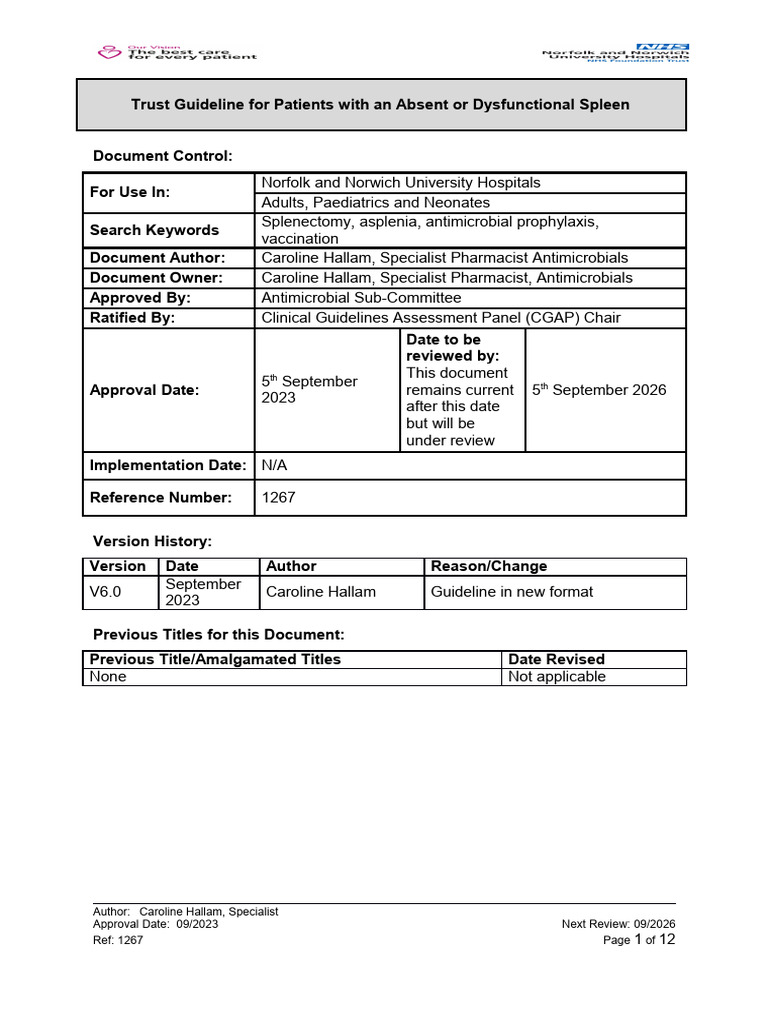 Splenectomy Guidelines - Patients With An Absent or Dysfunctional ...