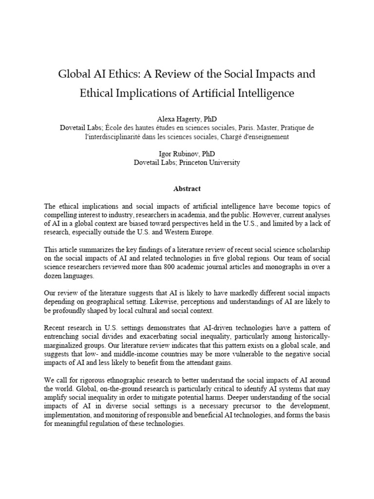 Global AI Ethics: A Review of The Social Impacts and Ethical ...