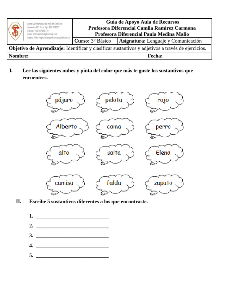 Guía Sustantivos y Adjetivos 3°básico | PDF