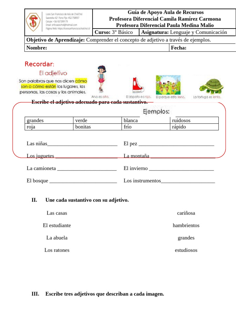 Guía Adjetivos 3°básico | PDF