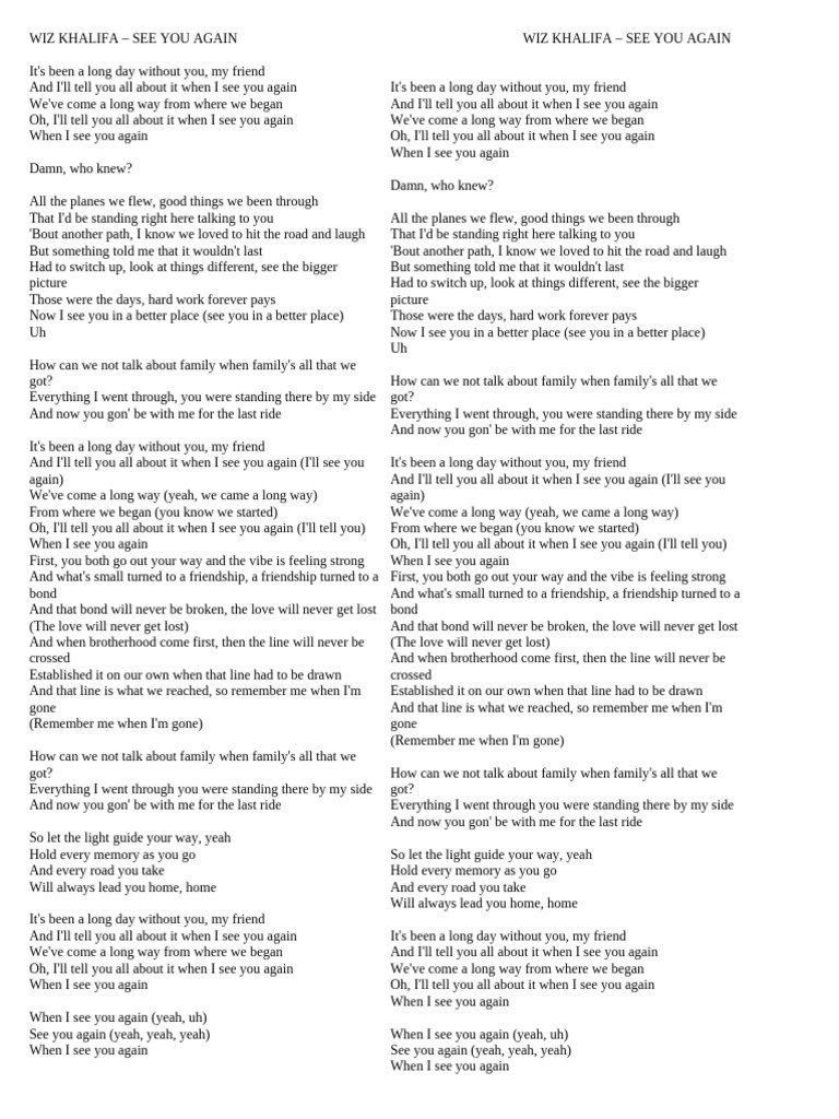 Lirik Lagu See You Again Wiz Khalifa | PDF