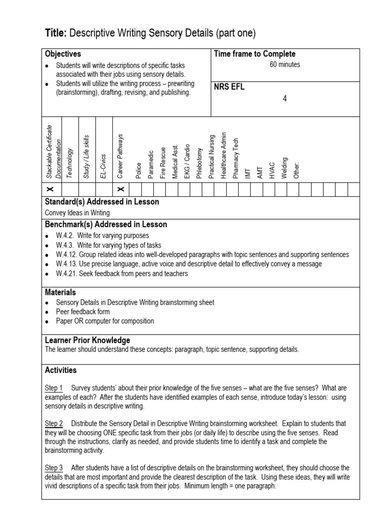 Descriptive Writing (Sensory Details, Part One) | PDF