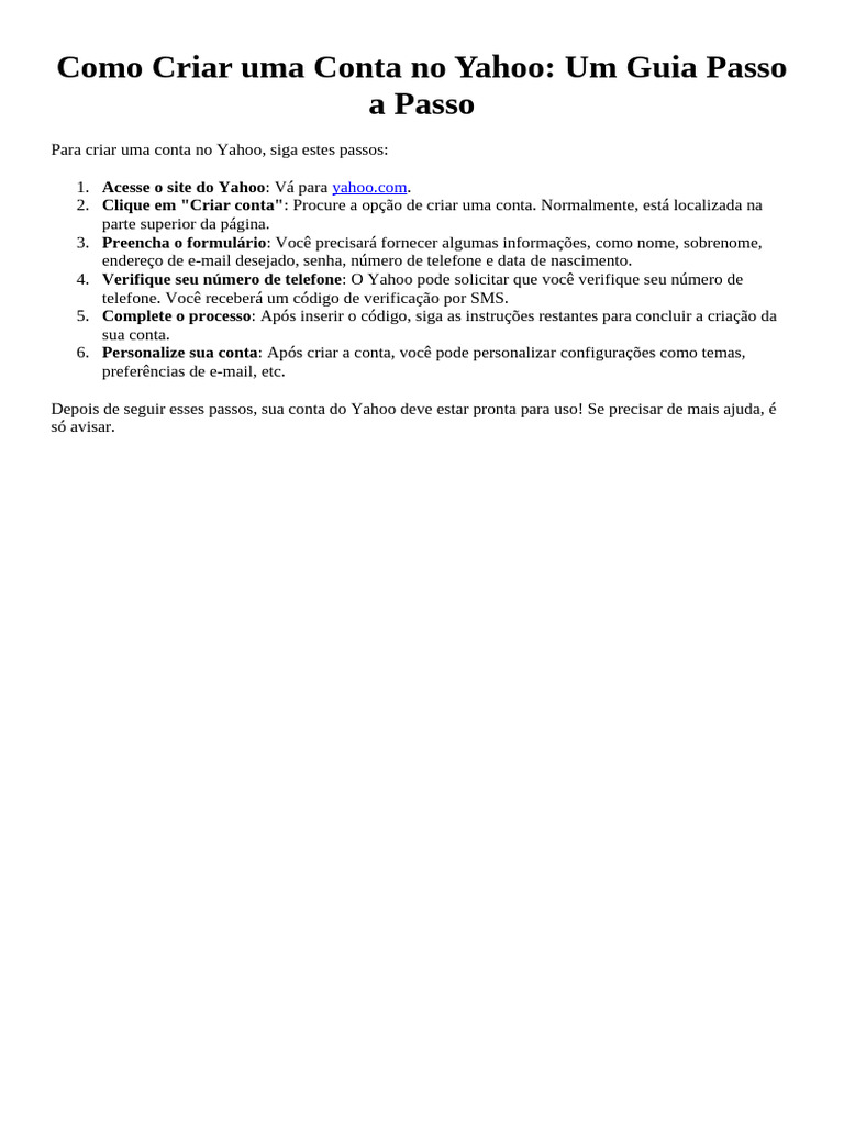 Como Criar Uma Conta No Yahoo Um Guia Passo A Passo | PDF