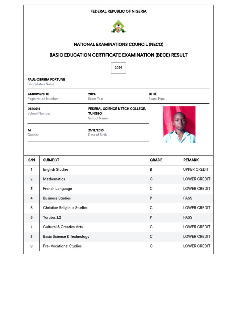 NECO Results Portal | PDF