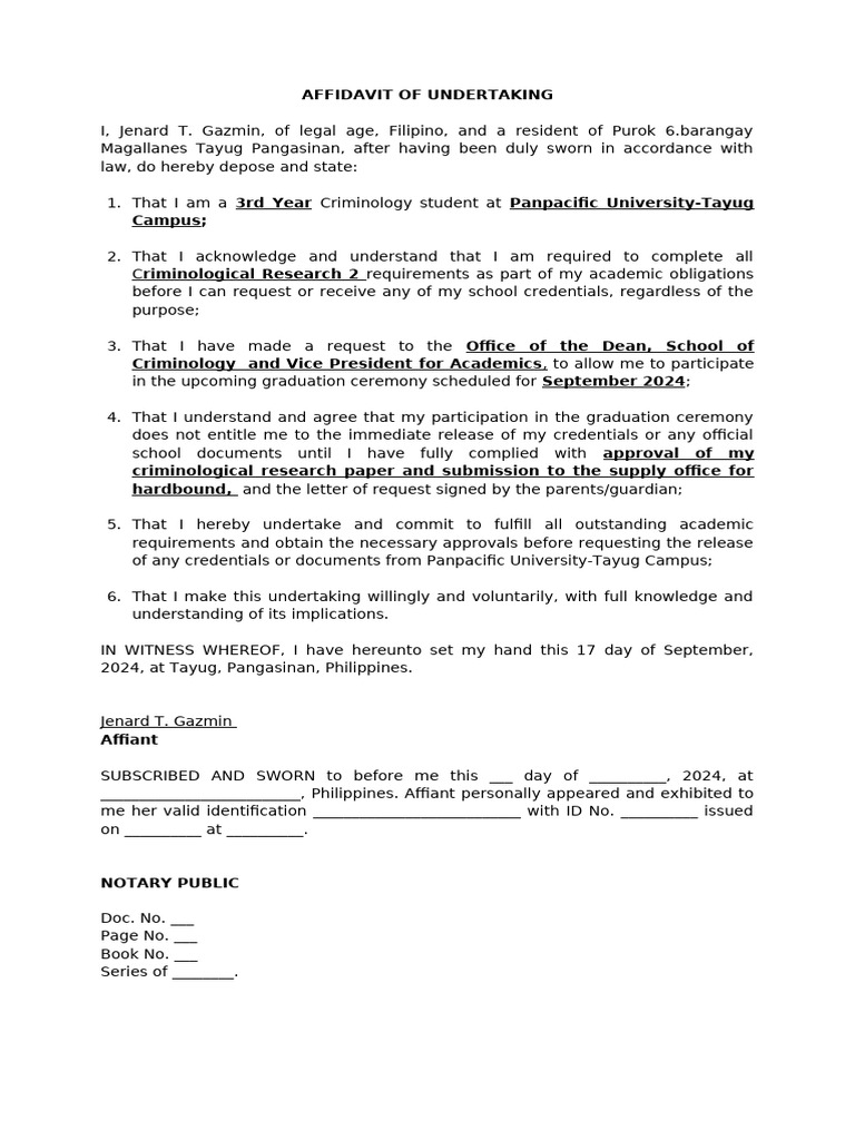 Affidavit of Undertaking (For Graduation) | PDF