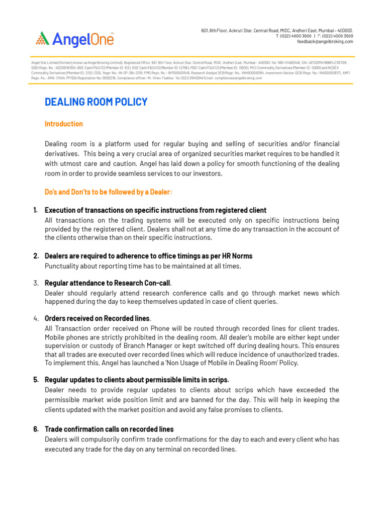 Dealing Room Policy 27022023 | PDF