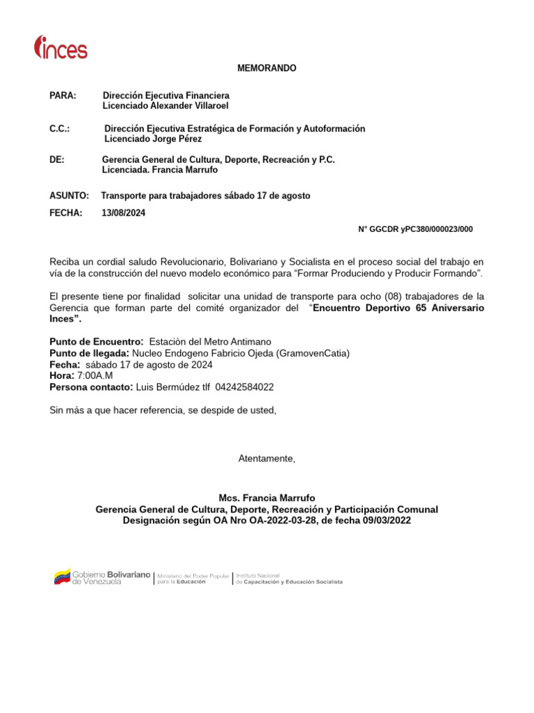 Memo Transporte 65 Aniversario | PDF