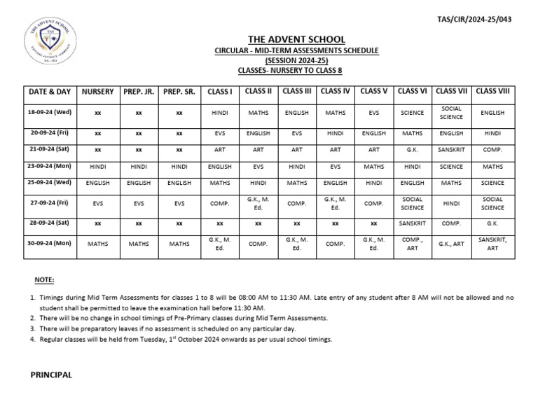 Mid Term Assessments Schedule-All Classes | PDF