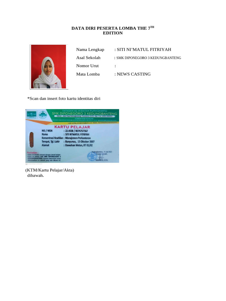 Template Identitas Diri Peserta Lomba The 7TH Edition | PDF