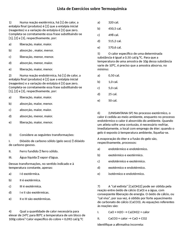 Lista de Exercícios Sobre Termoquímica | PDF