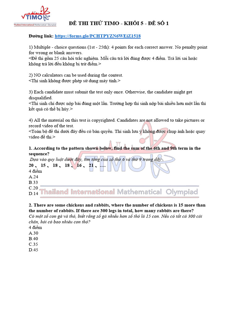 ĐỀ THI THỬ TIMO 5 - Đề 1 | PDF