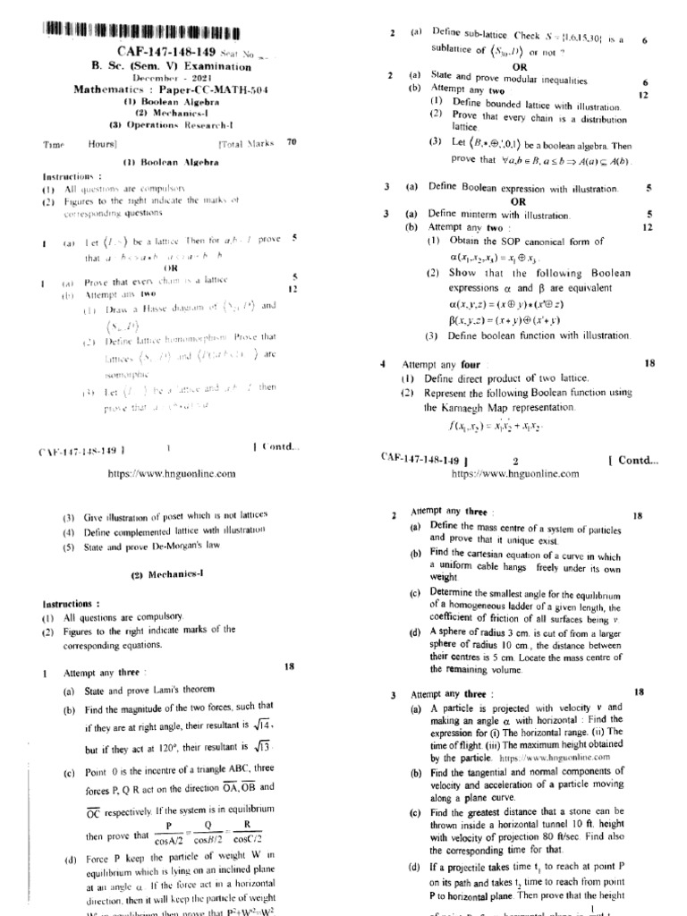Bsc 5 Sem Mathematics Boolean Algebra Caf 147 Dec 2021 | PDF