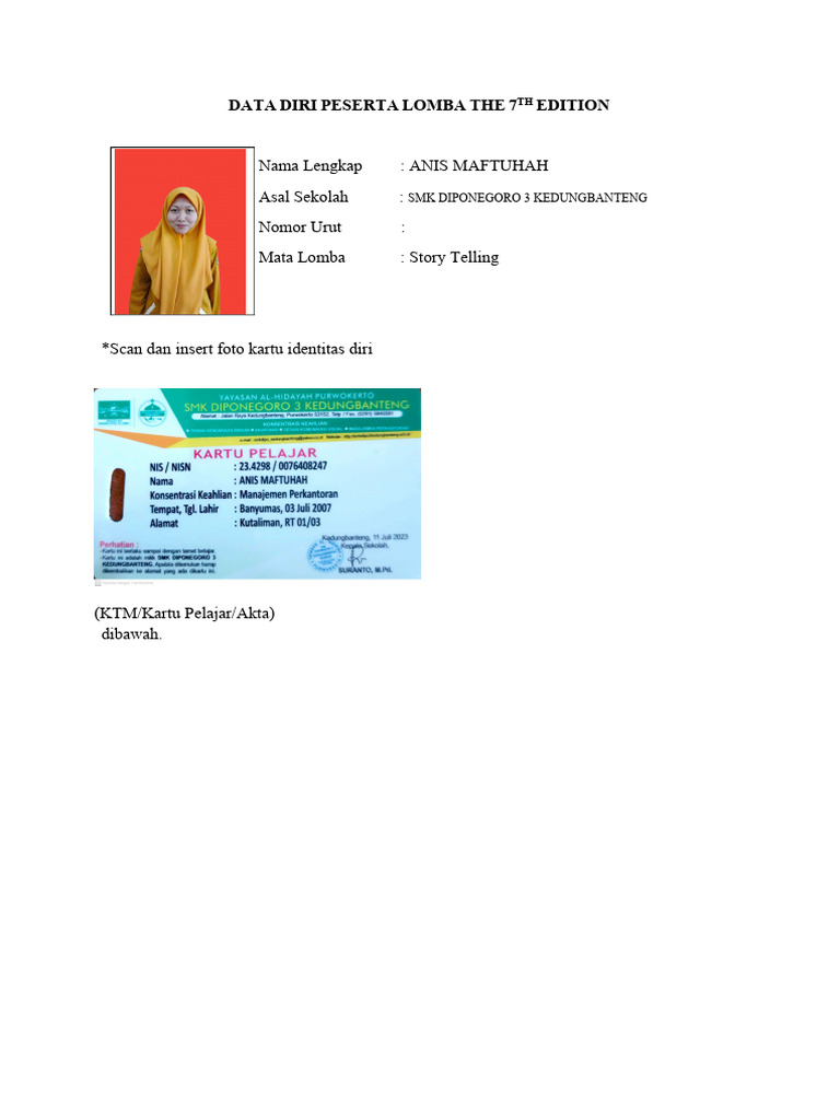 IDENTITAS DIRI PESERTA LOMBA THE 7TH EDITION Anis | PDF
