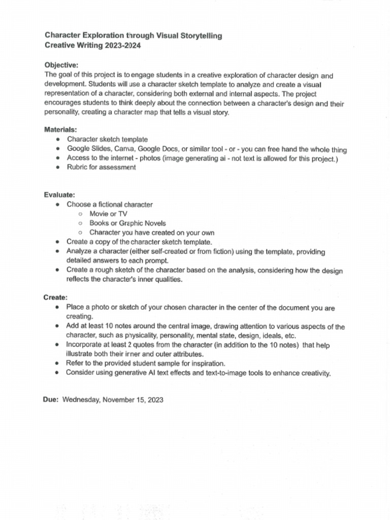 Character Exploration Through Visual Storytelling Assignment 2023-2024 | PDF