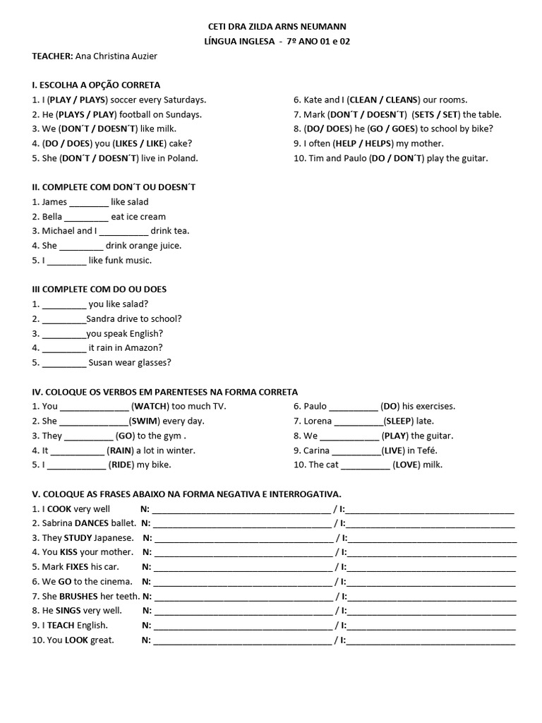 7º Ano 1 e 2 - Inglês - Chris | PDF