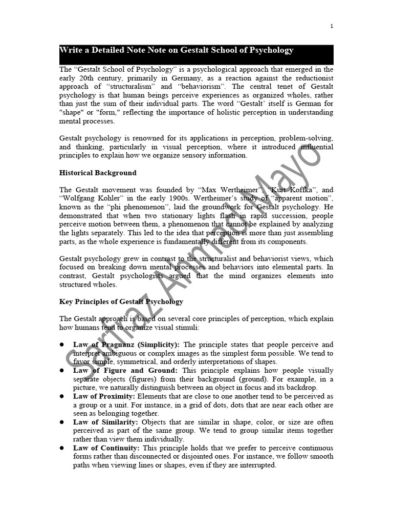Write A Detailed Note Note On Gestalt School of Psychology by Sarfraz ...
