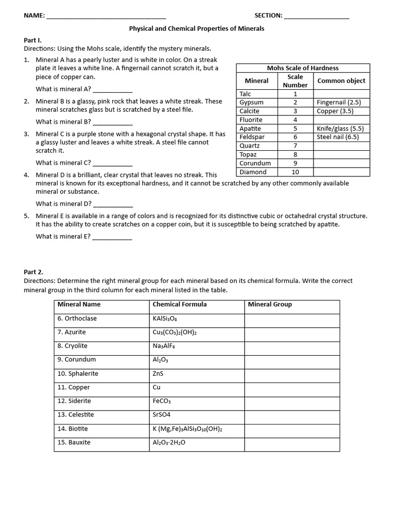 Minerals Activity | PDF