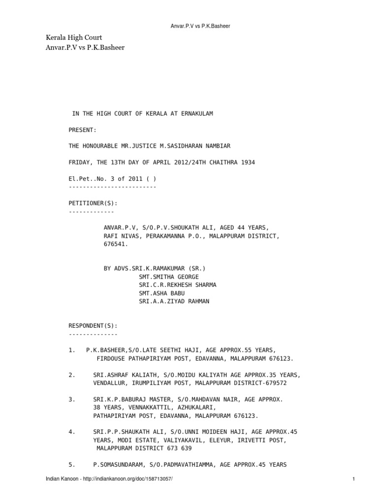 Anvar P V Vs P K Basheer | PDF | Acquittal | Elections