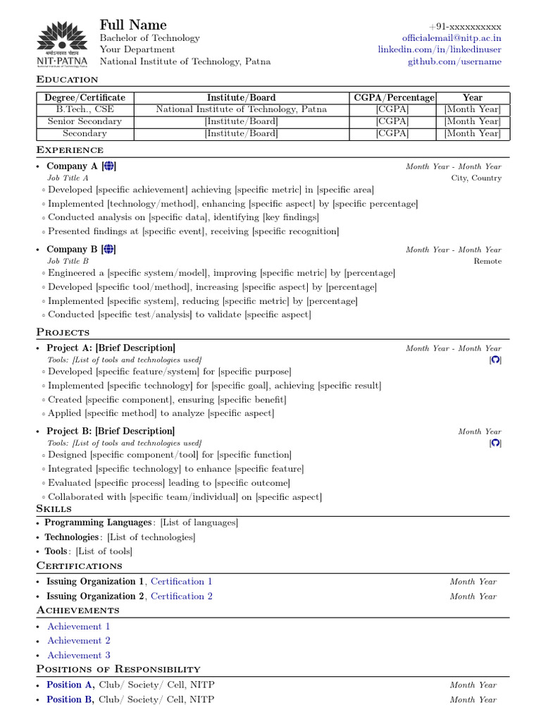 Nit Patna Resume Template v2 Dot 1 | PDF