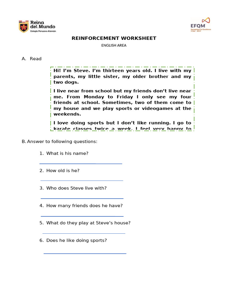 Reinforcement Worksheet-Week 1 | PDF