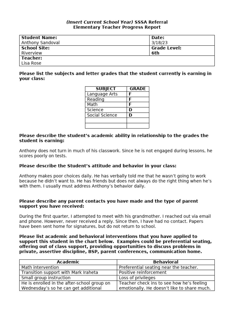Lisa Rose Student Progress Reports - Elementary Teachers | PDF