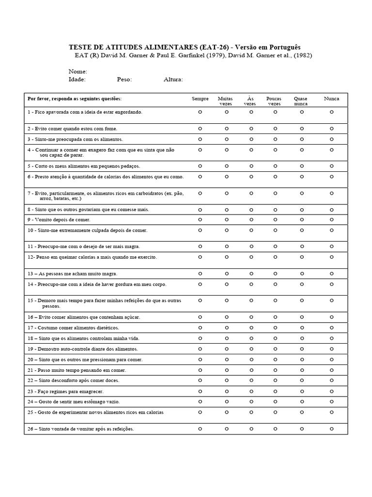 TESTE DE ATITUDES ALIMENTARES (EAT-26) - Versão em Português | PDF