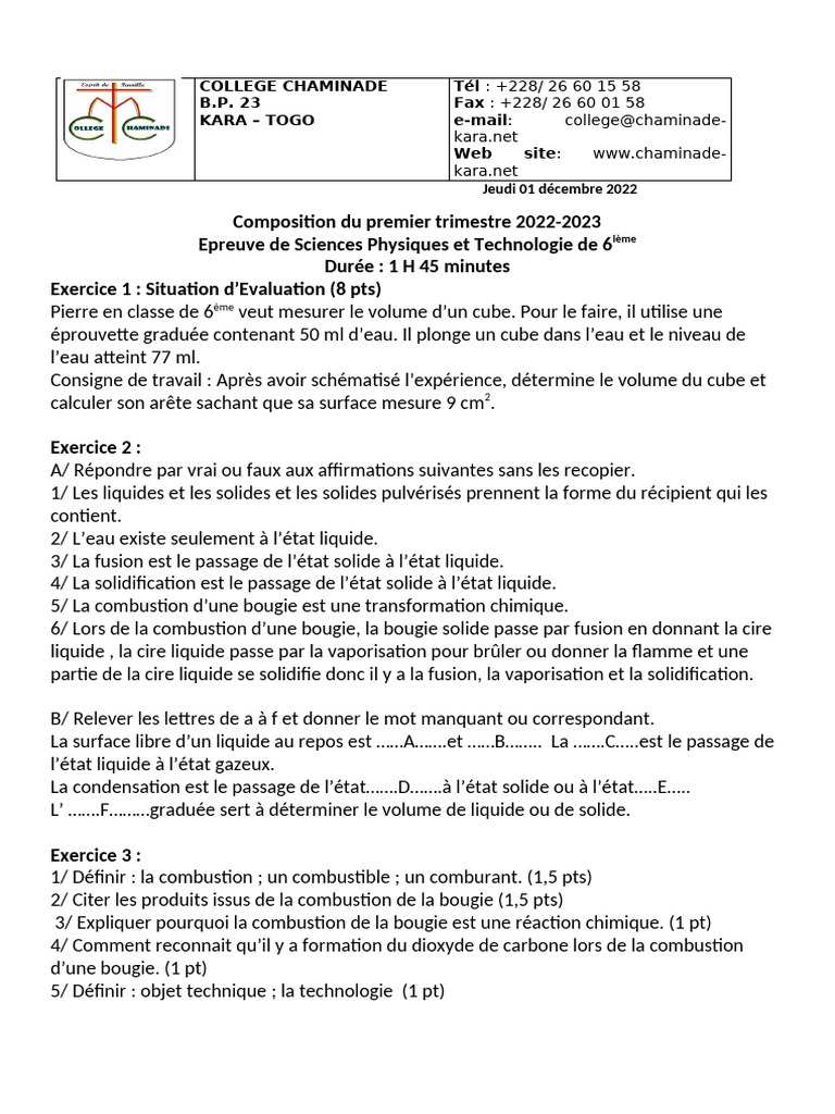 Compo 1er Trimestre 6ème PCT Du 01 Décembre 2022 | PDF