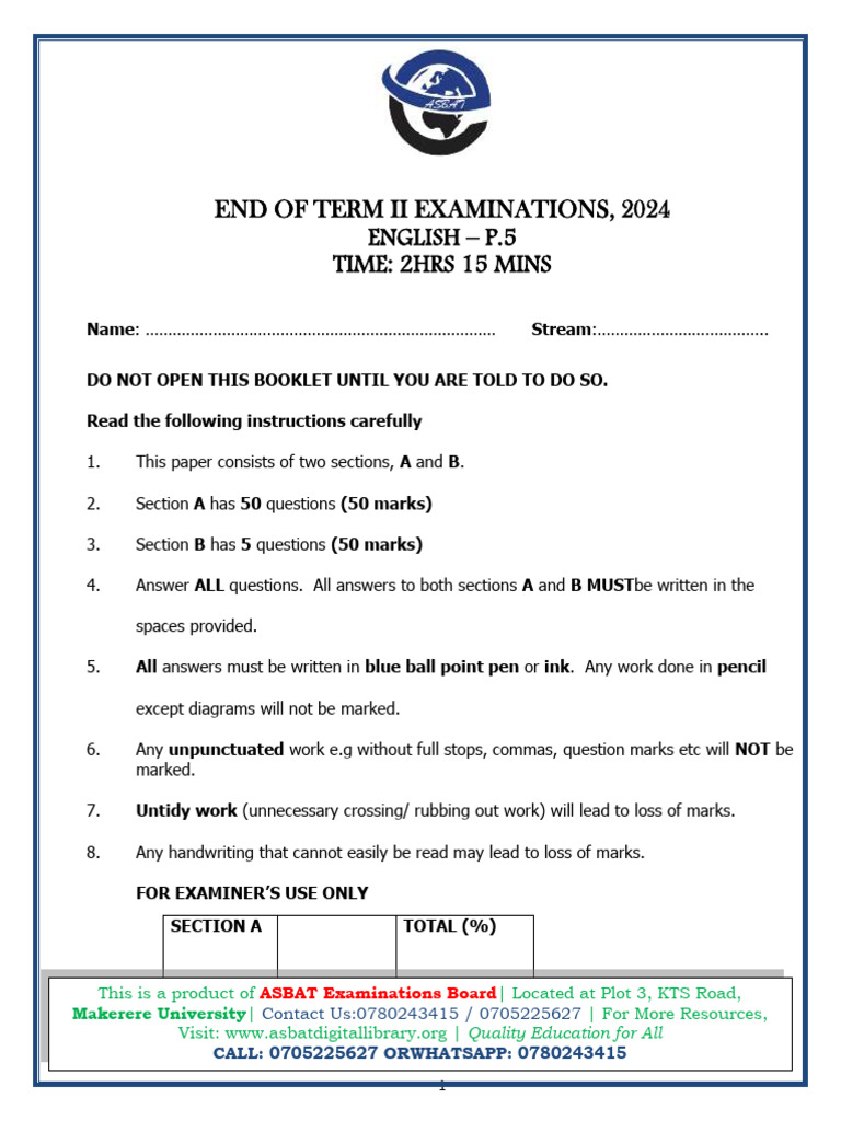 Asbat Examination English p.5 Eot 2 2024 | PDF