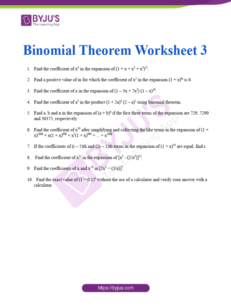 Binomial Theorem Worksheet 3 PDF | PDF