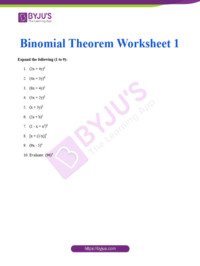 Binomial Theorem Worksheet 1 PDF | PDF