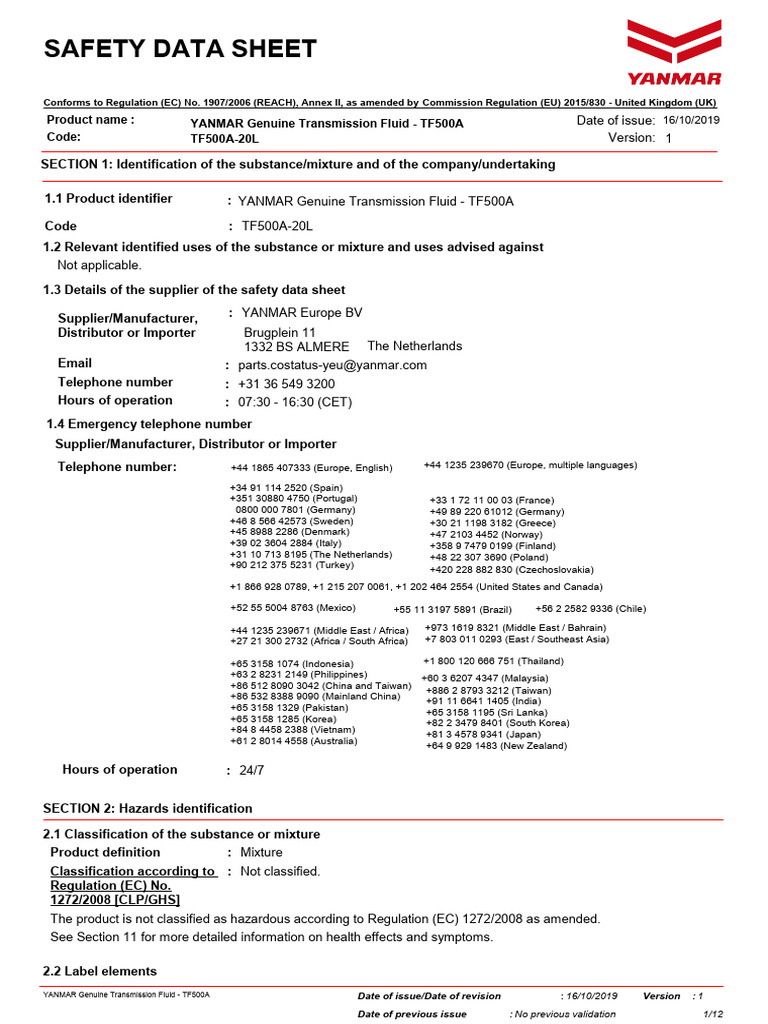 SDS Yanmar Genuine Transmission Fluid TF500A ENG | PDF | Personal ...