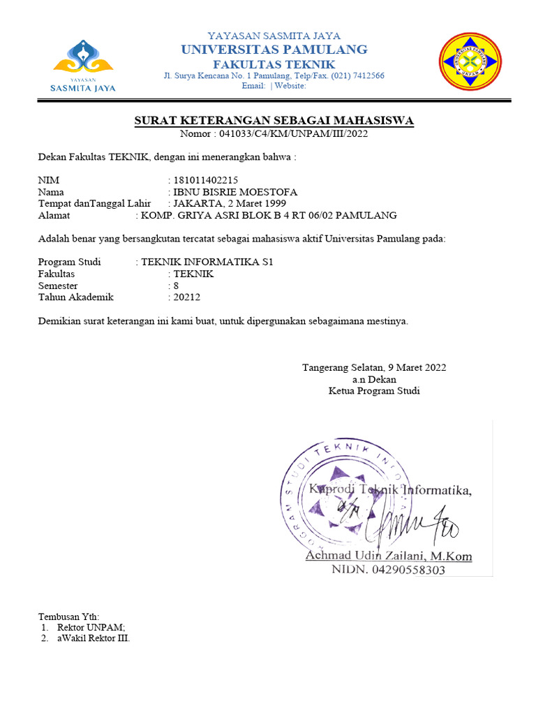 Surat Keterangan Sebagai Mahasiswa | PDF
