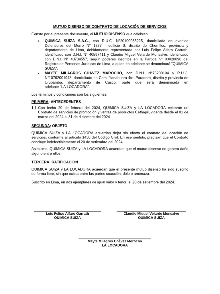 Mutuo Disenso de Contrato Mayte Chavez | PDF