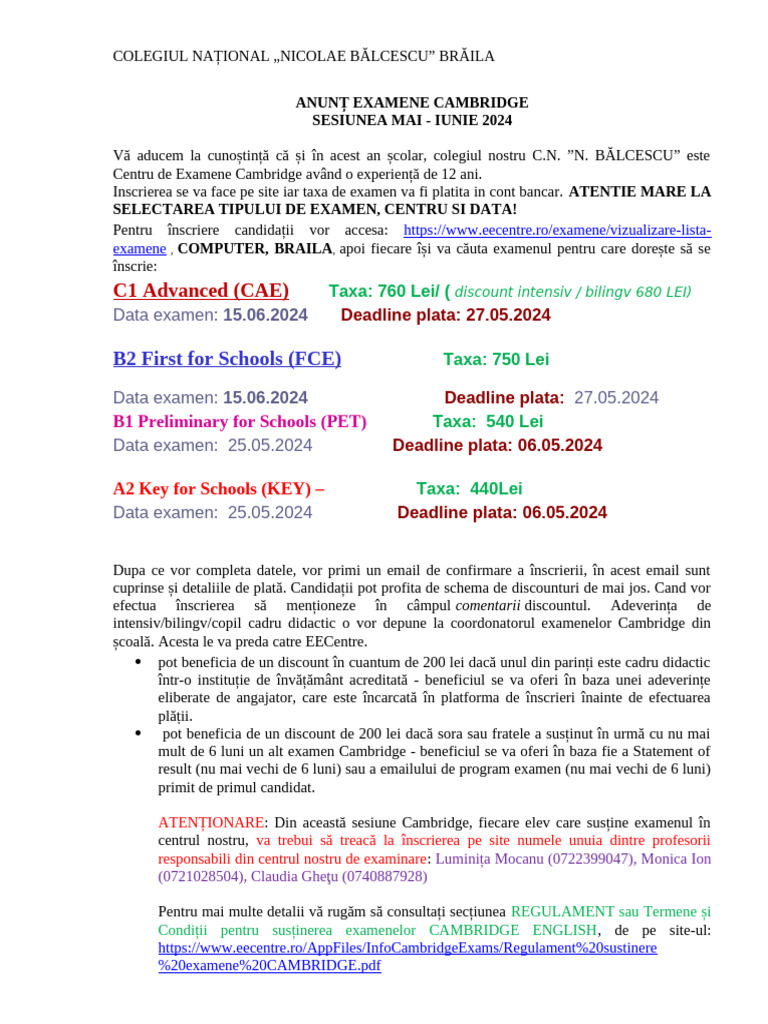 Anunt Examene Cambridge Balcescu 2024 | PDF | Finance & Money Management