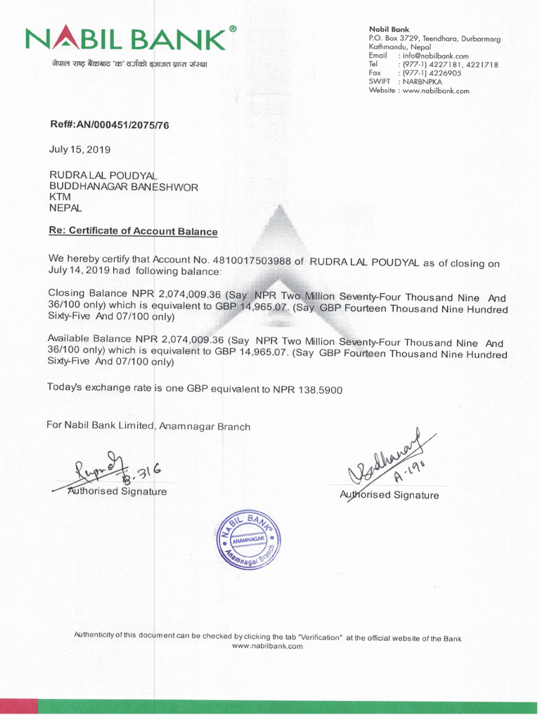 Sample Bank Balance Certificate | PDF