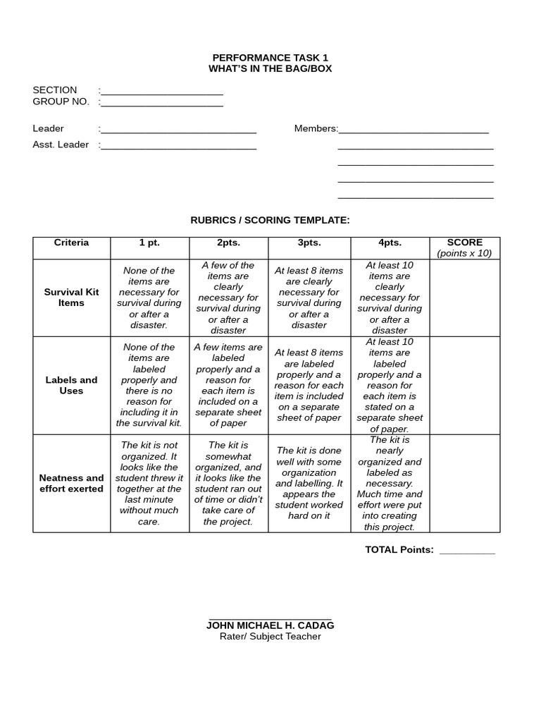 Performance Task 1 Scoring | PDF