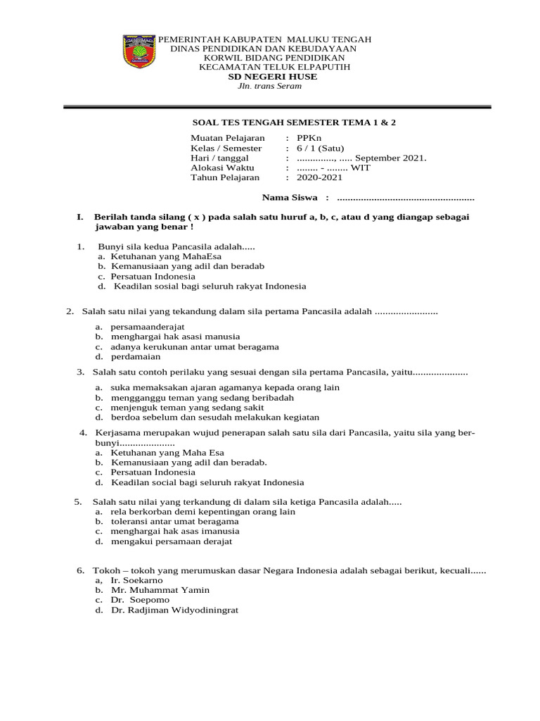 SOAL TTS TEMA 1 & 2 MUPEL PKN KELAS 6 SMTR 1 (021) | PDF