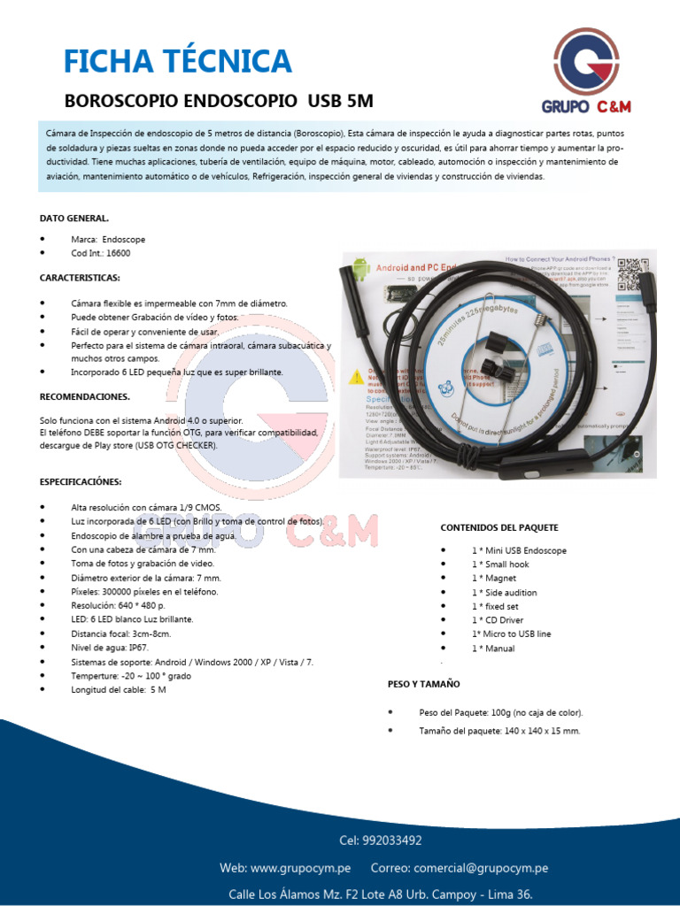FICHA TECNICA BOROSCOPIO ENDOSCOPIO (CAMARA DE HD 480 PIXELES) USB 5M ...
