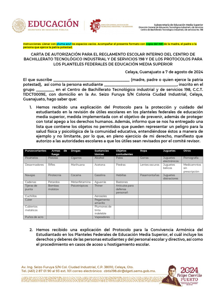 Carta de Autorizaciã N Reglamento y Protocolos 2024 | PDF