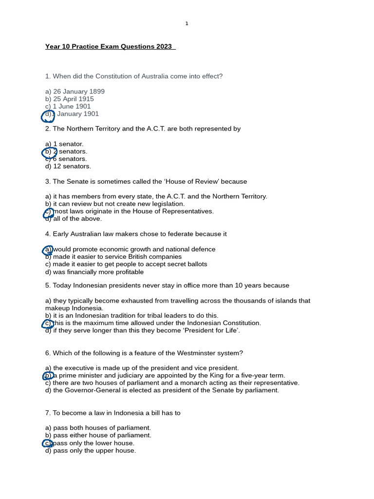 Year 10 Practice Exam Questions 2023 | PDF