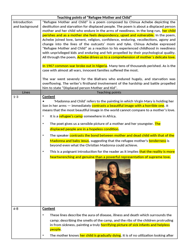 Teaching points (Refugee Mother and Child) | PDF
