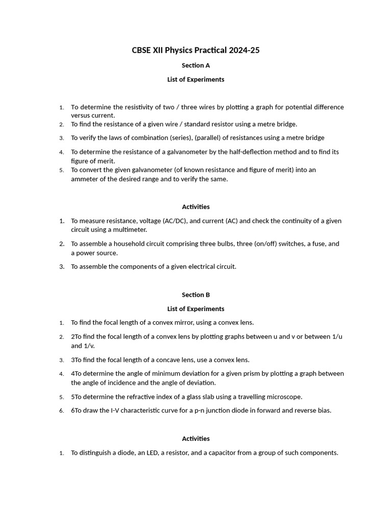 CBSE XII Physics Practical 2024 | PDF