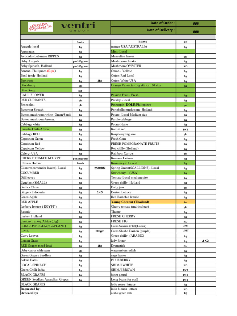 Vegetables Purchase Order 2024 | PDF